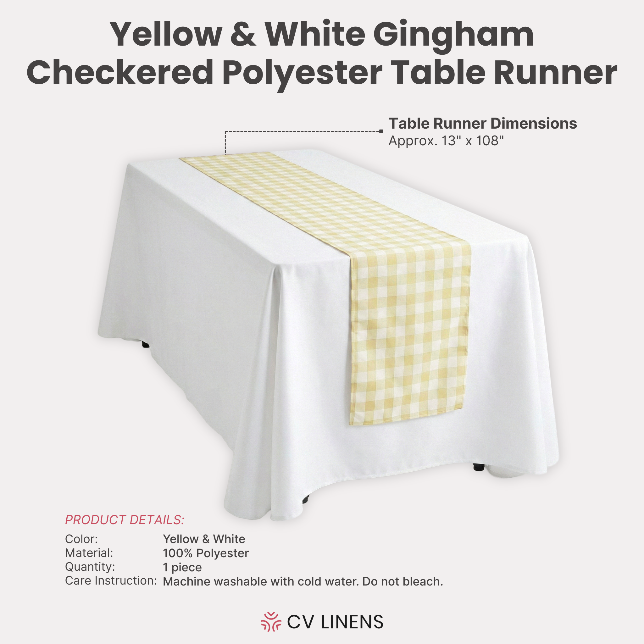 Gingham Checkered Polyester Table Runner - Yellow & White - CV Linens™