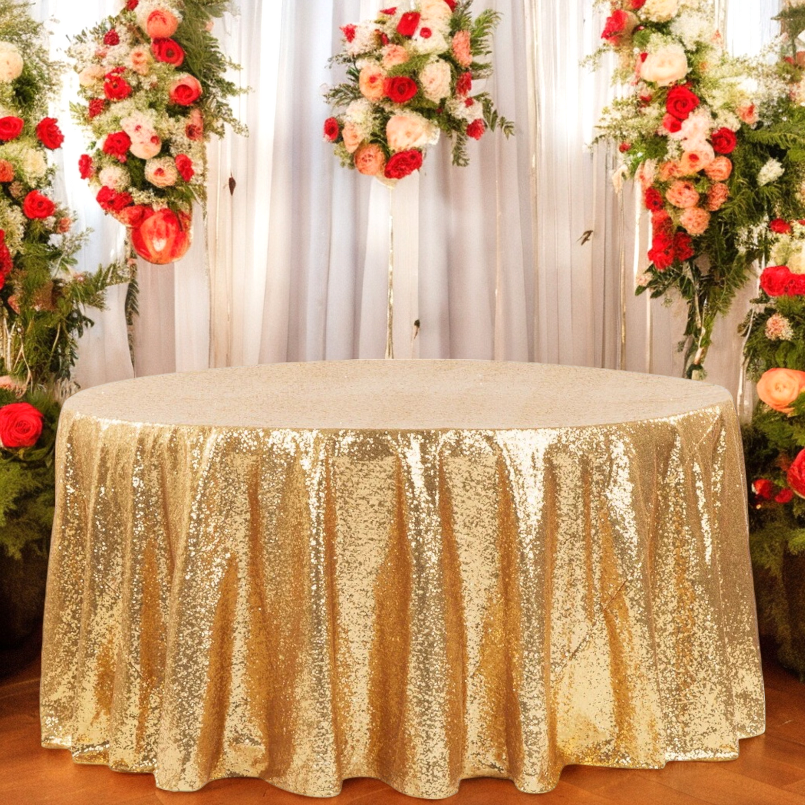 Glitz Sequins 132" Round Tablecloth - Gold– CV Linens