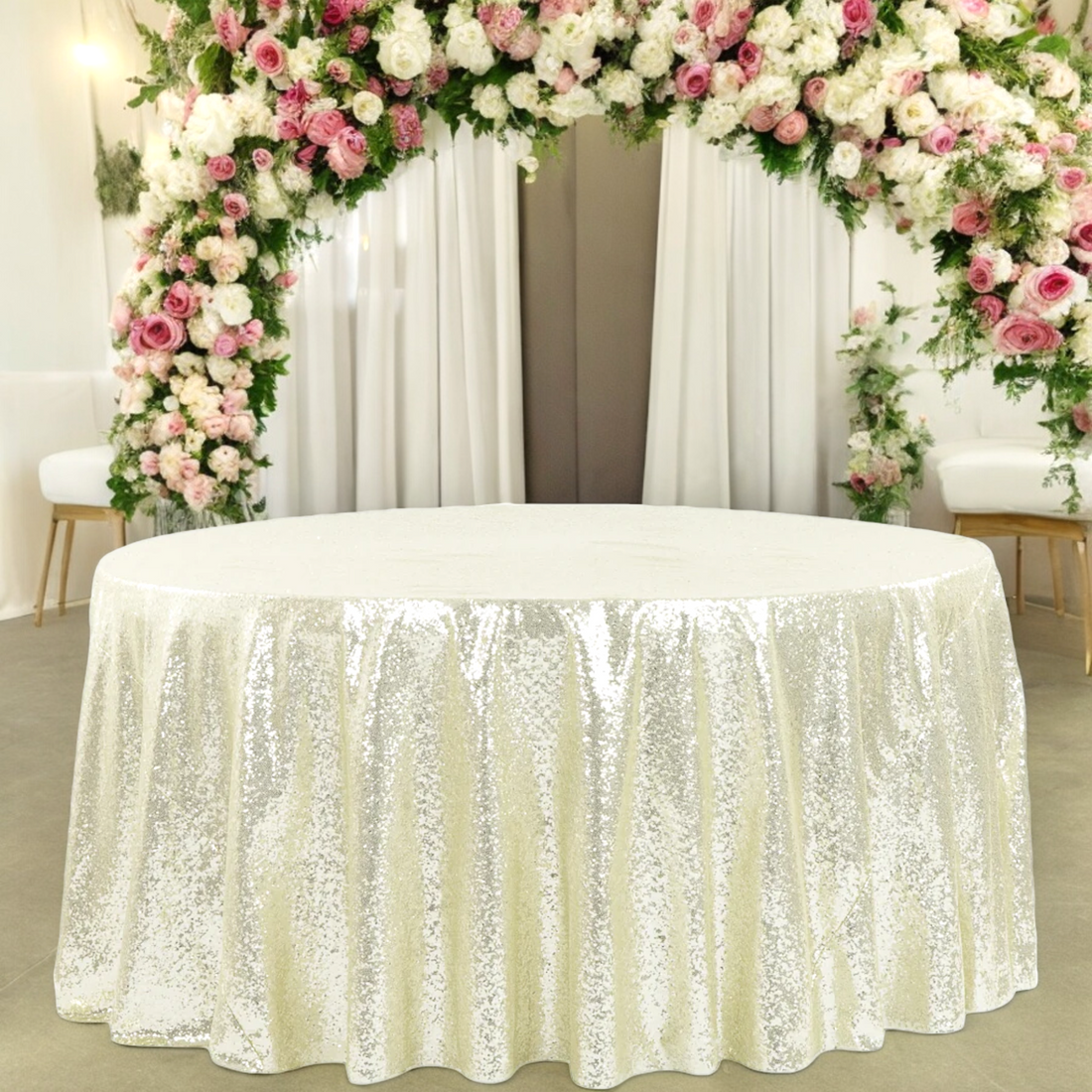 Glitz Sequins 132" Round Tablecloth - Ivory– CV Linens