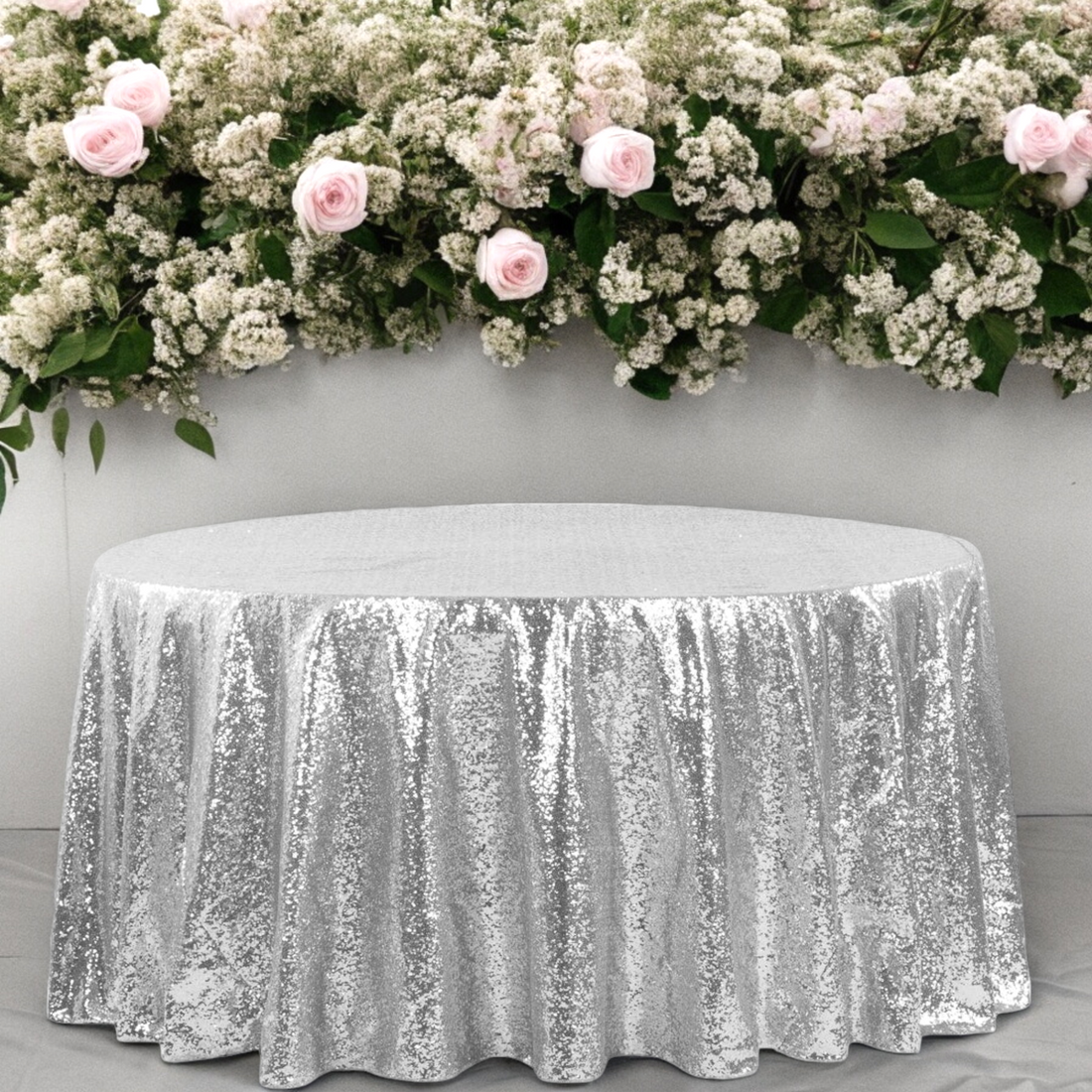 Glitz Sequins 132" Round Tablecloth - Silver– CV Linens