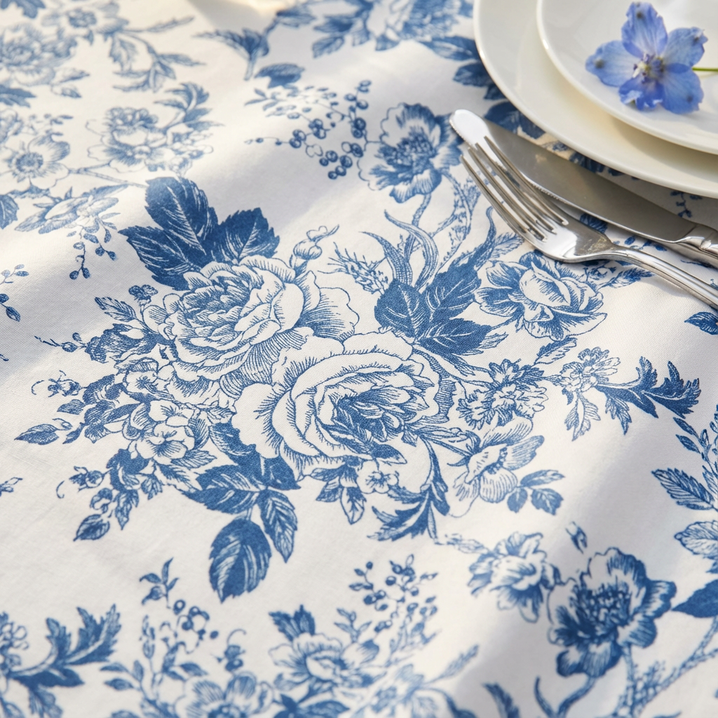 French Toile 108" Round Tablecloth - Blue - CV Linens
