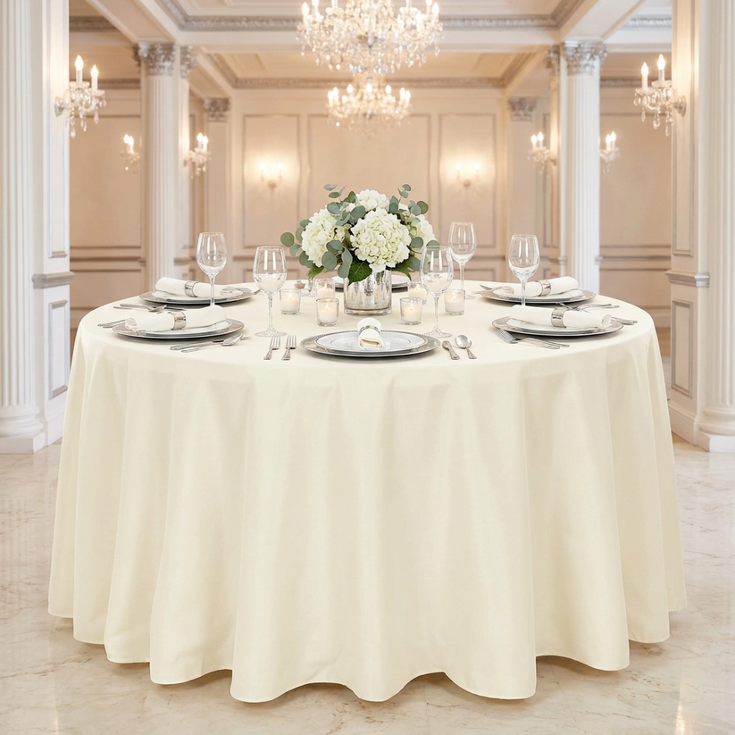 Light Ivory/Off White Polyester 120" Round Tablecloth - CV Linens™