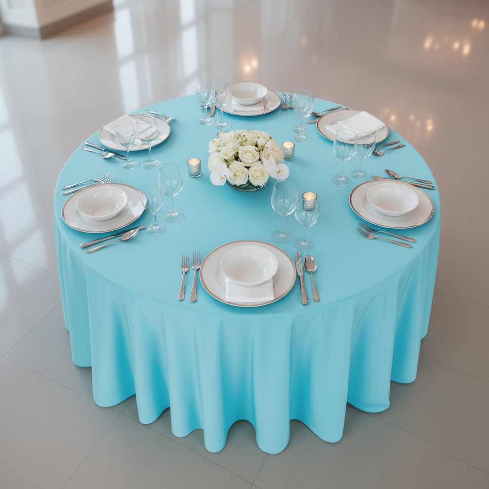Aqua Blue Premium Polyester 120” Round Tablecloth– CV Linens