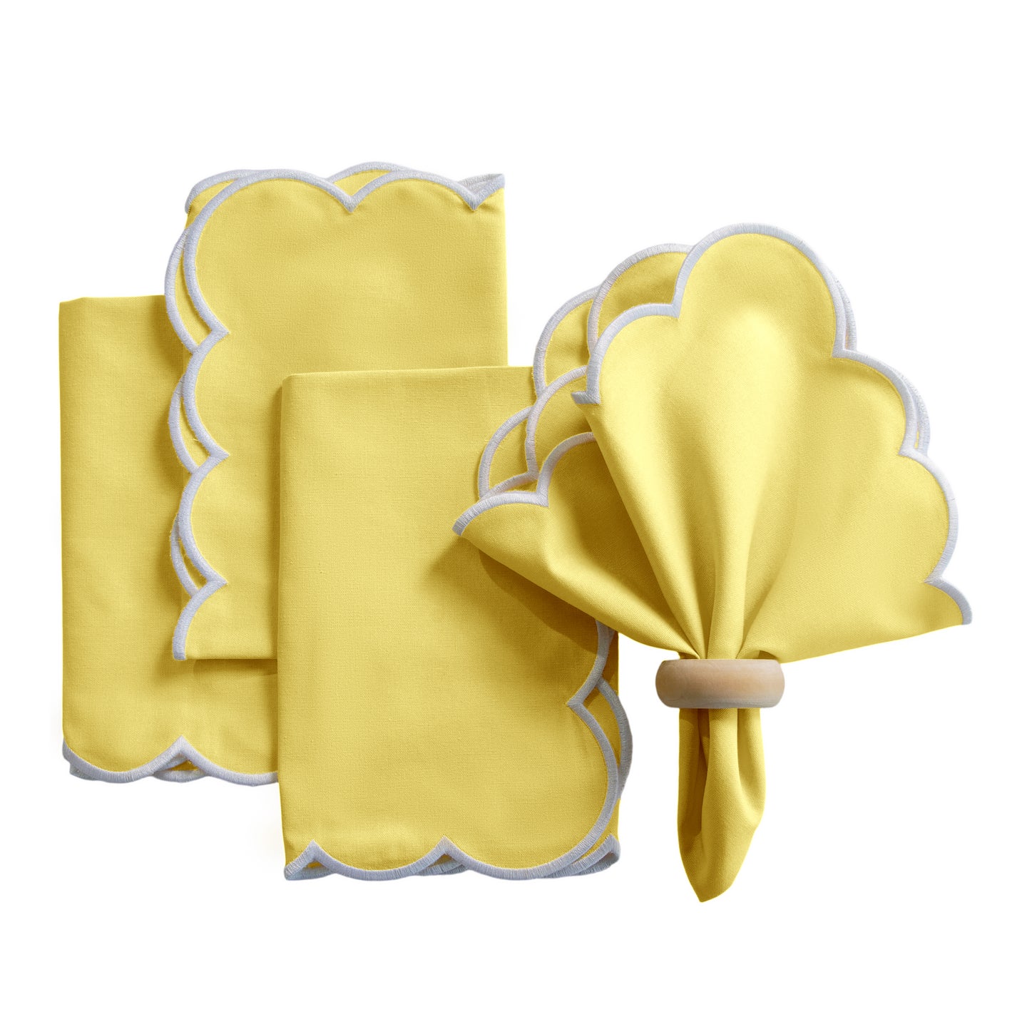 4 pc/pk Scalloped Edge Linen Napkin - Pastel Yellow/White Trim– CV Linens