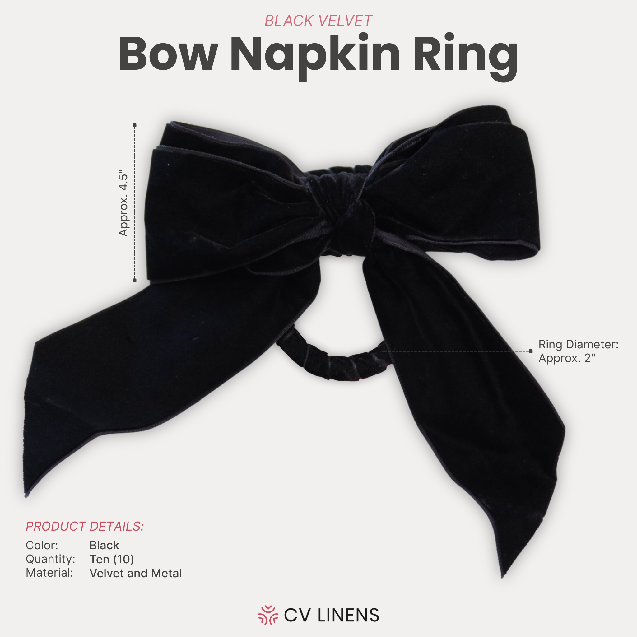 10 pc/pk Velvet Bow-Tie Napkin Ring - Black - CV Linens™