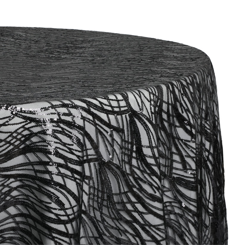 Wave Sequin Mesh Tablecloth 120" Round - Black - CV Linens
