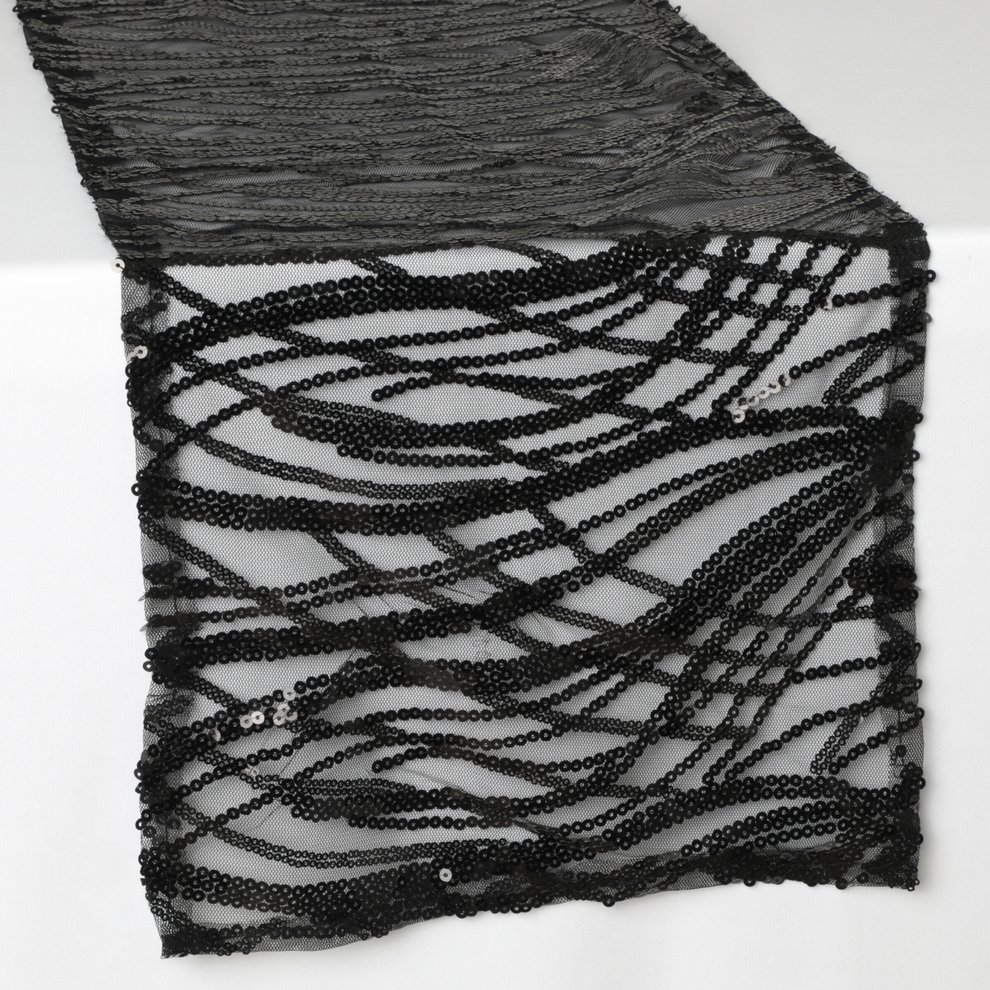 Wave Sequin Mesh Table Runner 12"x108" - Black - CV Linens™