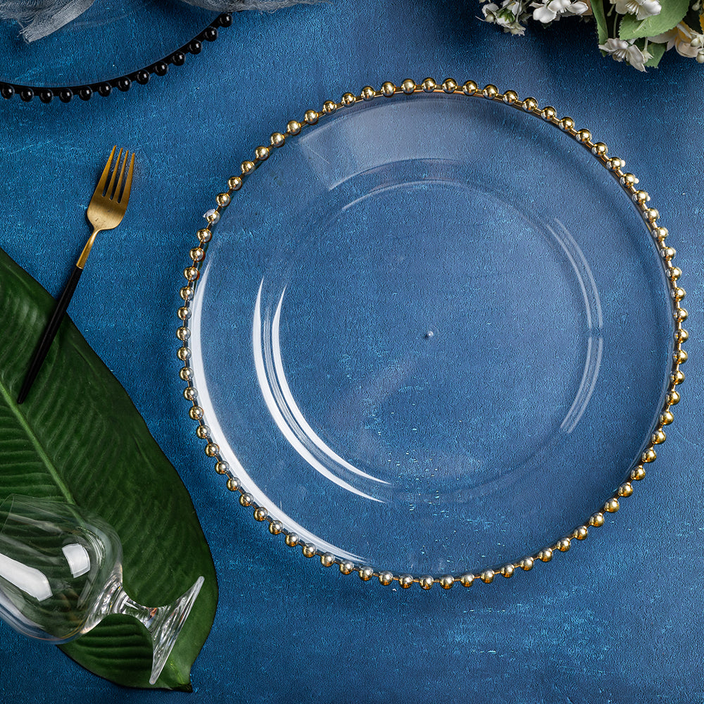 Acrylic Beaded 13" Round Charger Plate - Gold Trim– CV Linens