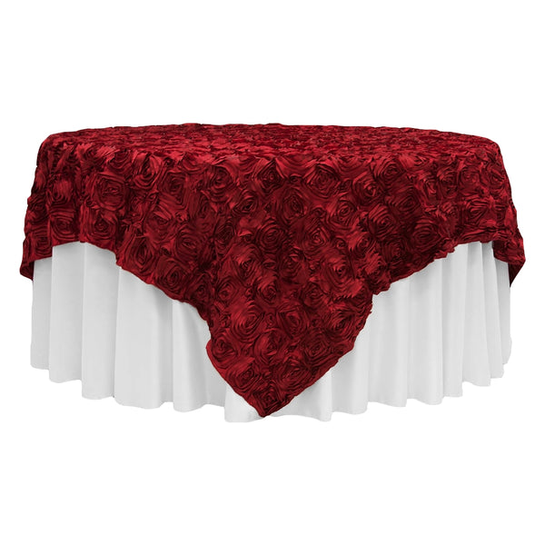 Apple Red Rosette Satin Table Overlay Topper 85"x85"– CV Linens