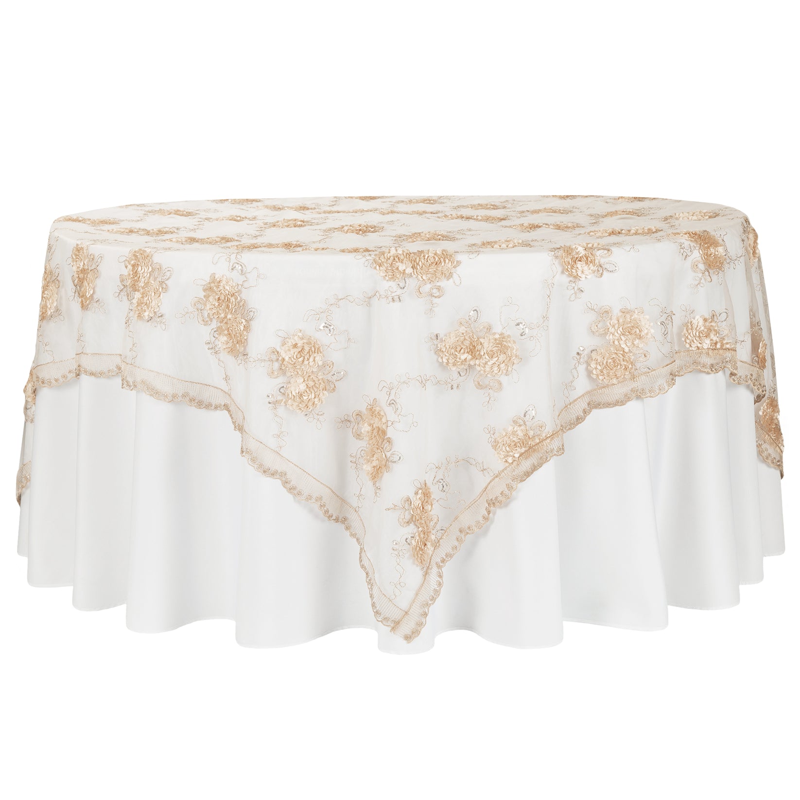 Vintage Veil Embroidery 90"x90" Square Table Overlay Topper - Champagne ...
