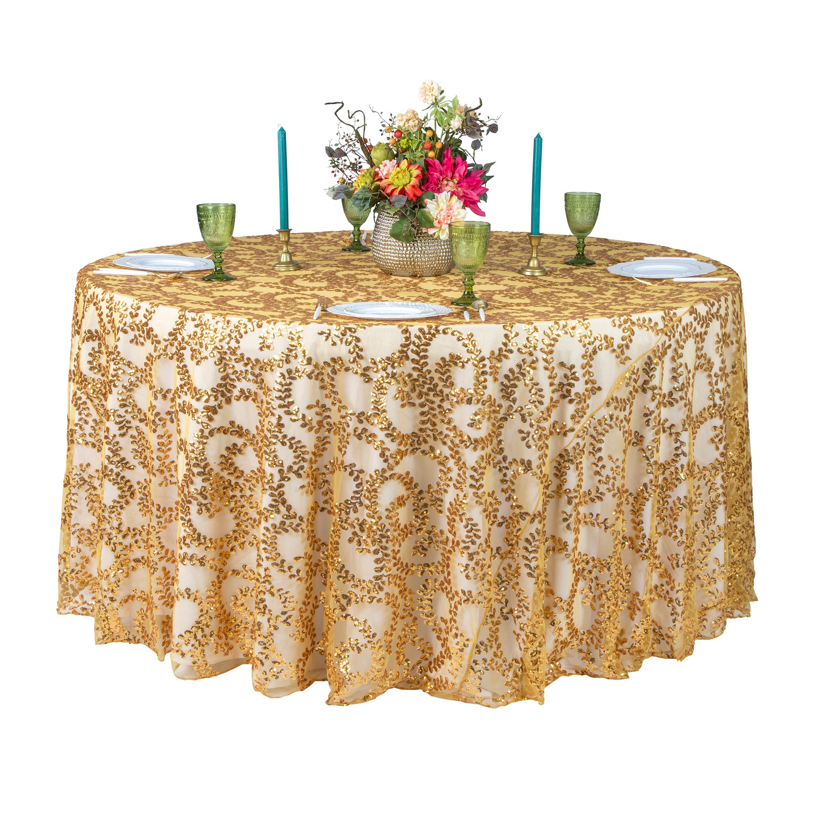 Sequin Vine Tablecloth Overlay 120" Round - Gold– CV Linens