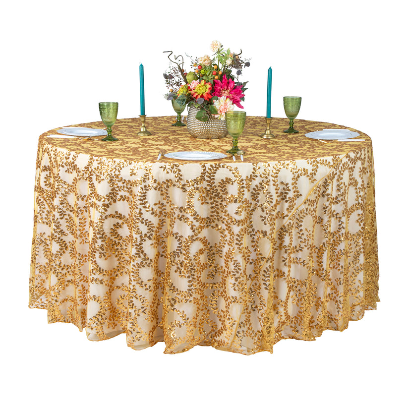 Sequin Vine Tablecloth Overlay 120" Round - Gold– CV Linens